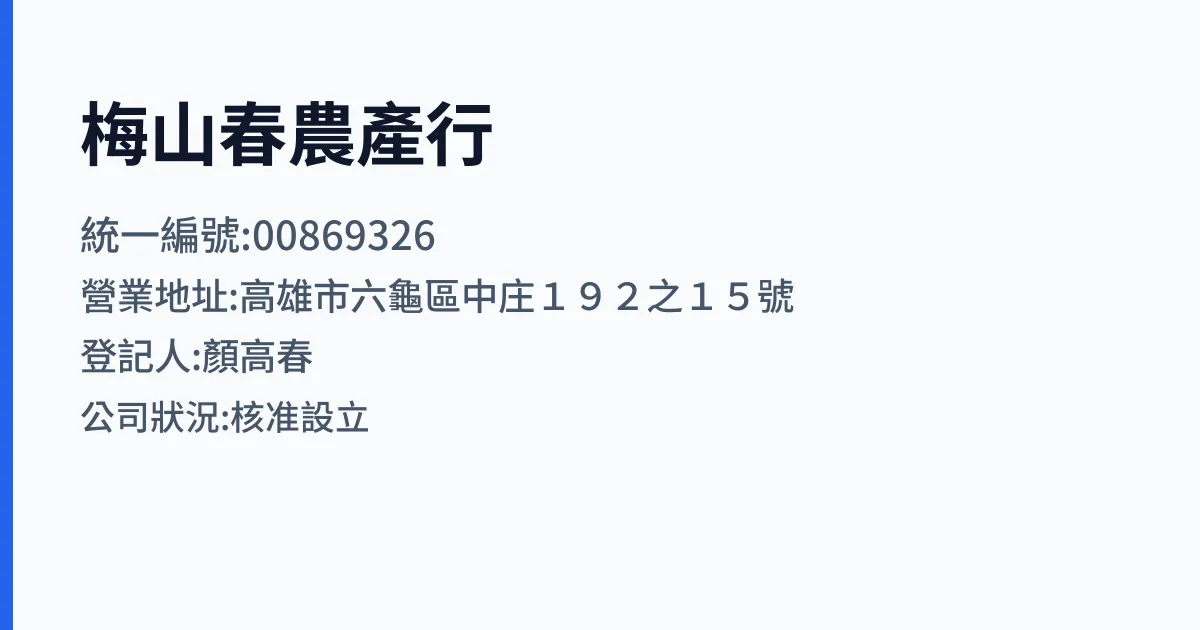 梅山春農產行 - 統編 00869326(高雄市) 公司登記資料與營業項目詳細圖表