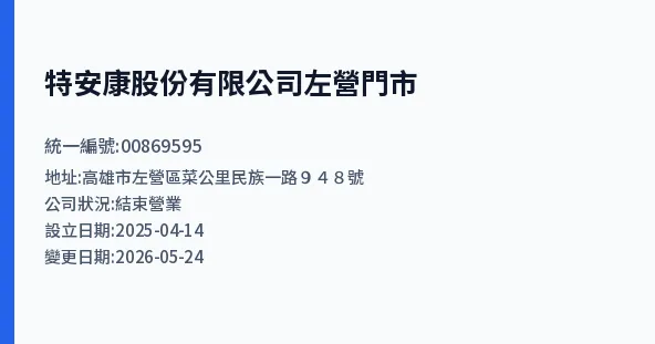 特安康股份有限公司左營門市的照片-統編 00869595(高雄市) 公司登記資料與營業項目詳細圖表