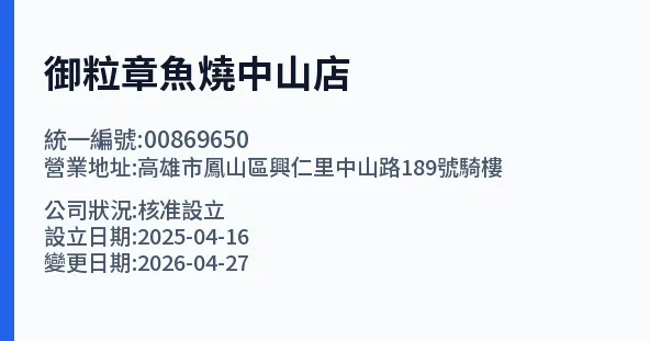 御粒章魚燒中山店的照片-統編 00869650(高雄市) 公司登記資料與營業項目詳細圖表