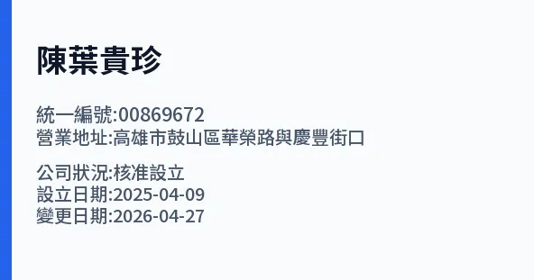 陳葉貴珍的照片-統編 00869672(高雄市) 公司登記資料與營業項目詳細圖表