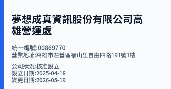 夢想成真資訊股份有限公司高雄營運處的照片-統編 00869770(高雄市) 公司登記資料與營業項目詳細圖表