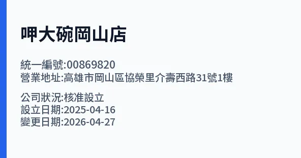 呷大碗岡山店的照片-統編 00869820(高雄市) 公司登記資料與營業項目詳細圖表