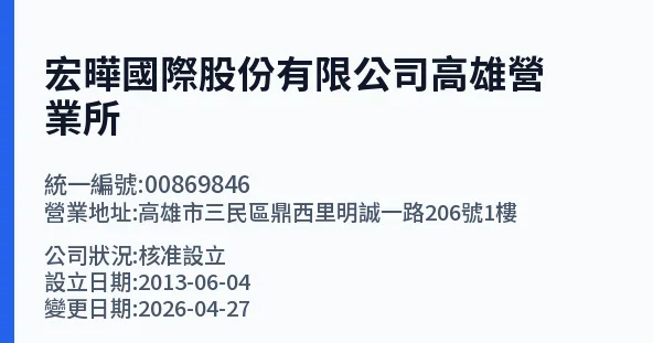 宏曄國際股份有限公司高雄營業所的照片-統編 00869846(高雄市) 公司登記資料與營業項目詳細圖表