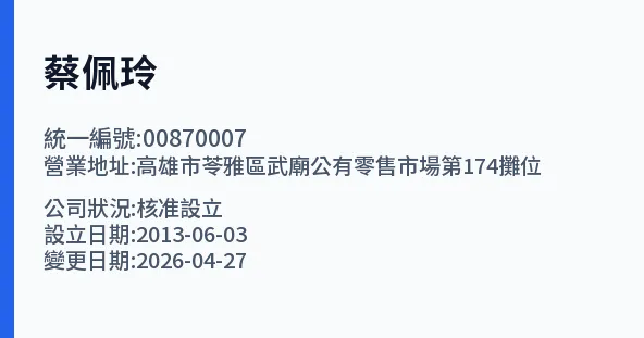 蔡佩玲的照片-統編 00870007(高雄市) 公司登記資料與營業項目詳細圖表