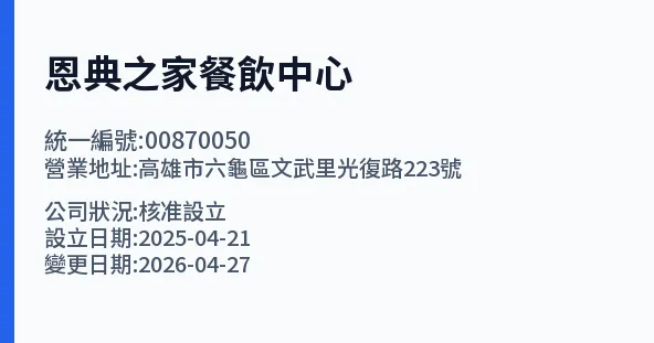 恩典之家餐飲中心的照片-統編 00870050(高雄市) 公司登記資料與營業項目詳細圖表
