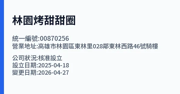 林園烤甜甜圈的照片-統編 00870256(高雄市) 公司登記資料與營業項目詳細圖表