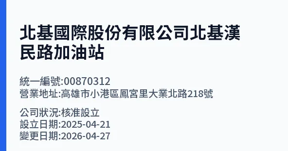 北基國際股份有限公司北基漢民路加油站的照片-統編 00870312(高雄市) 公司登記資料與營業項目詳細圖表