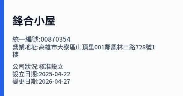 鋒合小屋的照片-統編 00870354(高雄市) 公司登記資料與營業項目詳細圖表