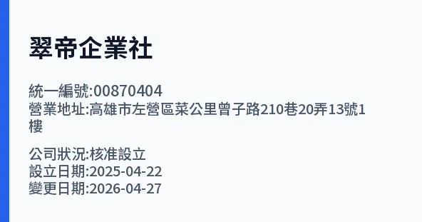 翠帝企業社的照片-統編 00870404(高雄市) 公司登記資料與營業項目詳細圖表