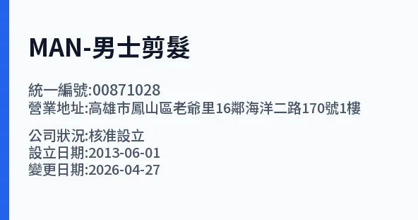 MAN-男士剪髮的照片-統編 00871028(高雄市) 公司登記資料與營業項目詳細圖表