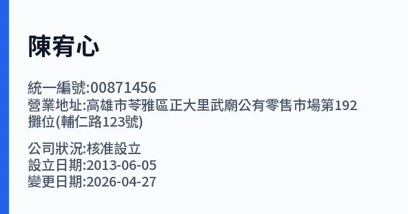 陳宥心的照片-統編 00871456(高雄市) 公司登記資料與營業項目詳細圖表