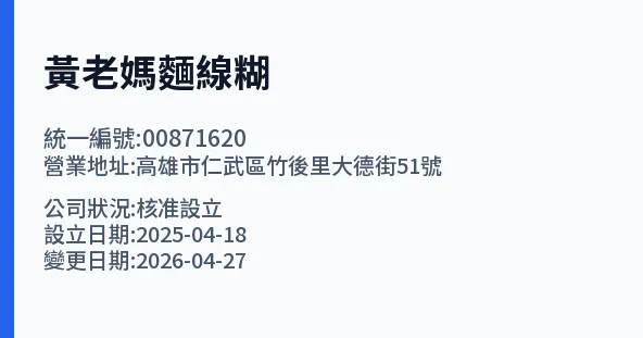黃老媽麵線糊的照片-統編 00871620(高雄市) 公司登記資料與營業項目詳細圖表