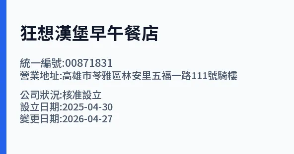 狂想漢堡早午餐店的照片-統編 00871831(高雄市) 公司登記資料與營業項目詳細圖表