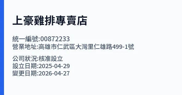上豪雞排專賣店的照片-統編 00872233(高雄市) 公司登記資料與營業項目詳細圖表