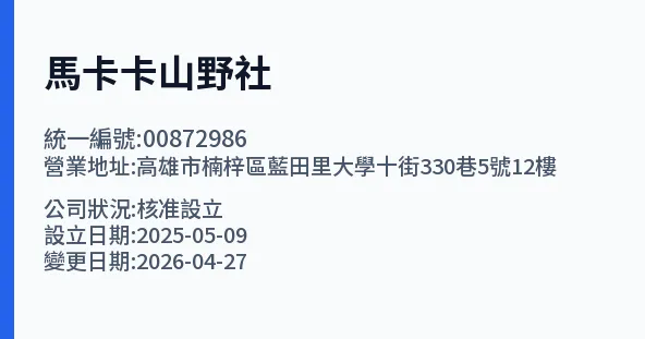 馬卡卡山野社的照片-統編 00872986(高雄市) 公司登記資料與營業項目詳細圖表