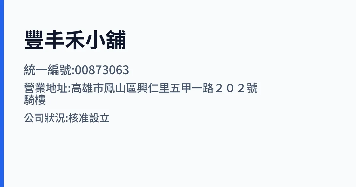 豐丰禾小舖 - 統編 00873063 (高雄市) 公司登記資料與營業項目詳細圖表