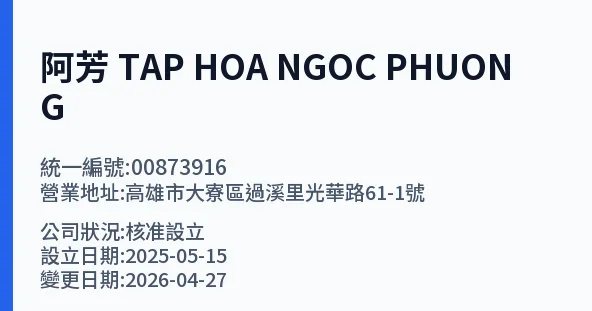 阿芳 TAP HOA NGOC PHUONG的照片-統編 00873916(高雄市) 公司登記資料與營業項目詳細圖表