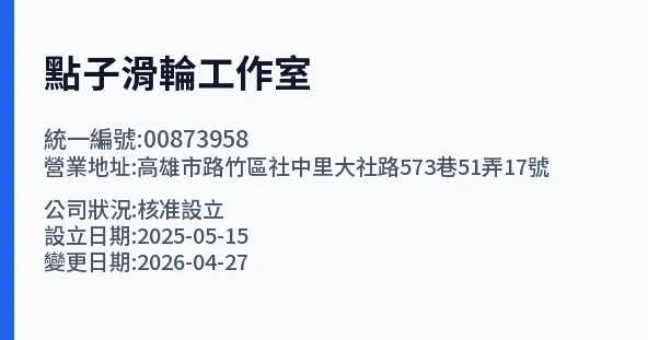 點子滑輪工作室的照片-統編 00873958(高雄市) 公司登記資料與營業項目詳細圖表