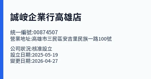 誠峖企業行高雄店的照片-統編 00874507(高雄市) 公司登記資料與營業項目詳細圖表