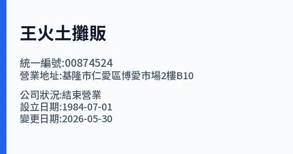 王火土攤販的照片-統編 00874524(基隆市) 公司登記資料與營業項目詳細圖表