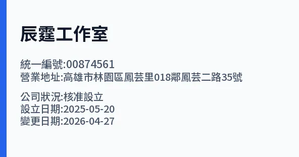 辰霆工作室的照片-統編 00874561(高雄市) 公司登記資料與營業項目詳細圖表