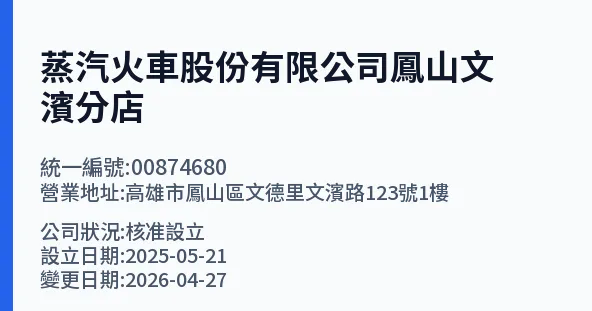 蒸汽火車股份有限公司鳳山文濱分店的照片-統編 00874680(高雄市) 公司登記資料與營業項目詳細圖表