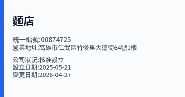 麵店的照片-統編 00874725(高雄市) 公司登記資料與營業項目詳細圖表