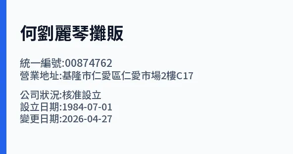何劉麗琴攤販的照片-統編 00874762(基隆市) 公司登記資料與營業項目詳細圖表