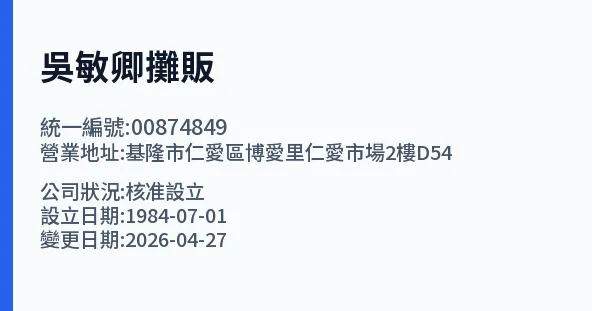 吳敏卿攤販的照片-統編 00874849(基隆市) 公司登記資料與營業項目詳細圖表