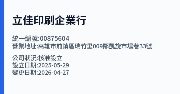 立佳印刷企業行的照片-統編 00875604(高雄市) 公司登記資料與營業項目詳細圖表