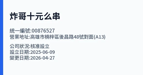 炸哥十元么串的照片-統編 00876527(高雄市) 公司登記資料與營業項目詳細圖表