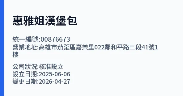 惠雅姐漢堡包的照片-統編 00876673(高雄市) 公司登記資料與營業項目詳細圖表