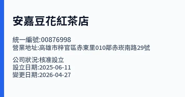 安嘉豆花紅茶店的照片-統編 00876998(高雄市) 公司登記資料與營業項目詳細圖表