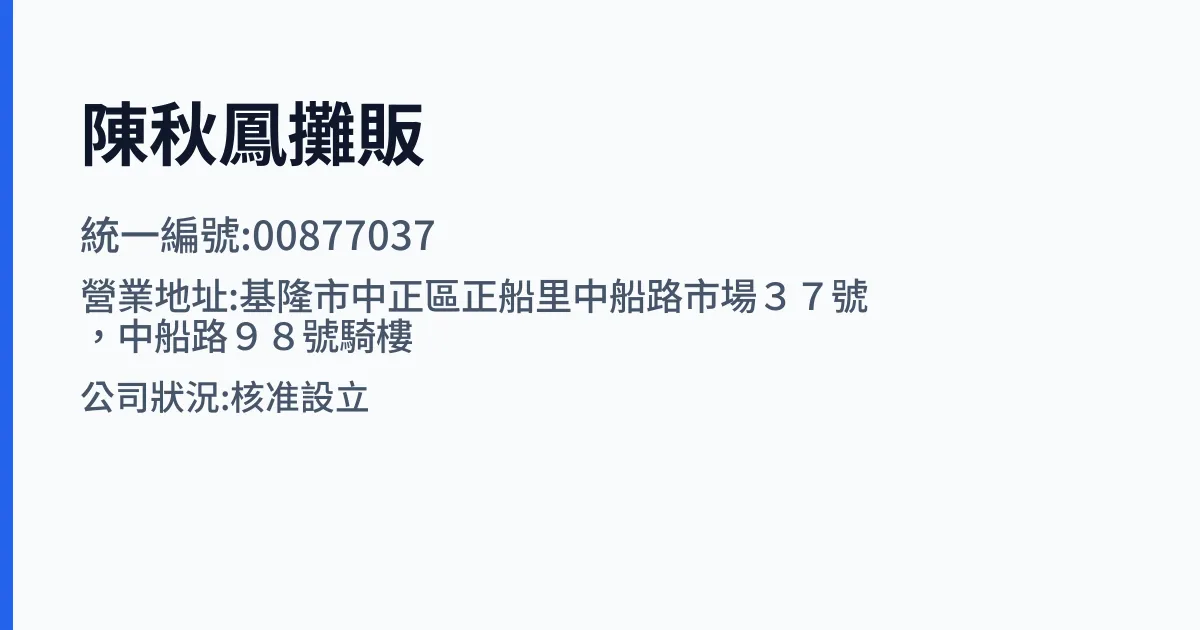 陳秋鳳攤販 - 統編 00877037(基隆市) 公司登記資料與營業項目詳細圖表