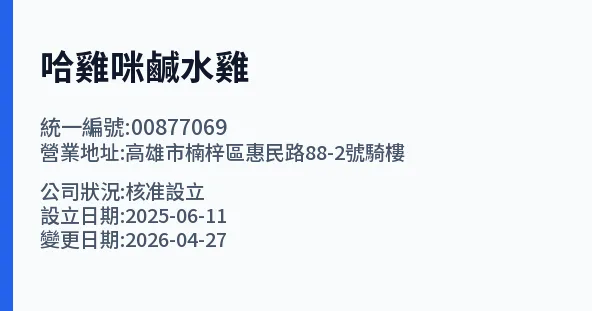哈雞咪鹹水雞的照片-統編 00877069(高雄市) 公司登記資料與營業項目詳細圖表