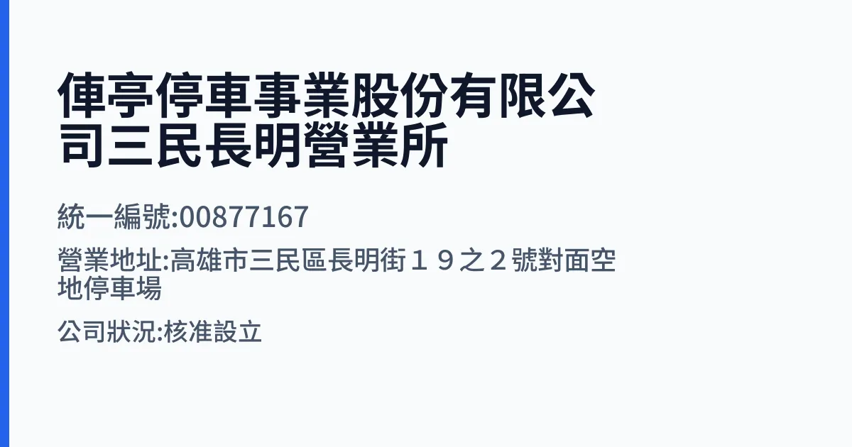 俥亭停車事業股份有限公司三民長明營業所 - 統編 00877167(高雄市) 公司登記資料與營業項目詳細圖表