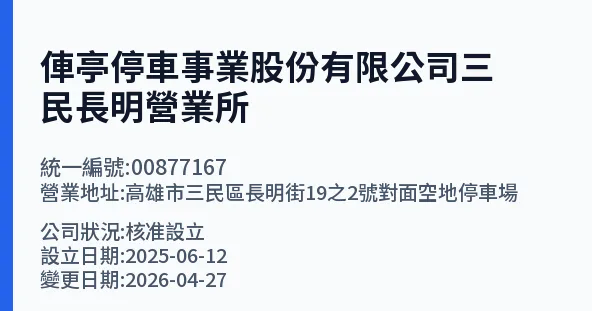 俥亭停車事業股份有限公司三民長明營業所的照片-統編 00877167(高雄市) 公司登記資料與營業項目詳細圖表