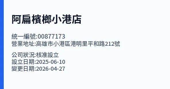 阿扁檳榔小港店的照片-統編 00877173(高雄市) 公司登記資料與營業項目詳細圖表