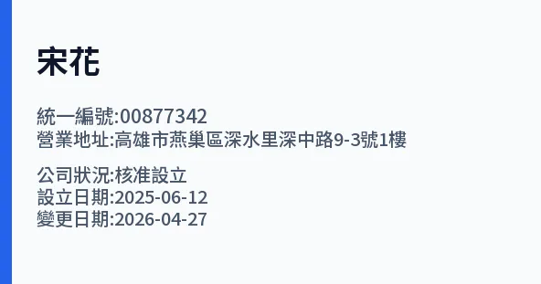 宋花的照片-統編 00877342(高雄市) 公司登記資料與營業項目詳細圖表