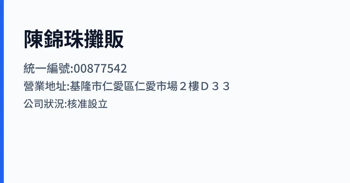 陳錦珠攤販 - 統編 00877542(基隆市) 公司登記資料與營業項目詳細圖表