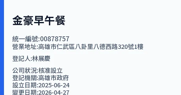 金豪早午餐的照片-統編 00878757(高雄市) 公司登記資料與營業項目詳細圖表