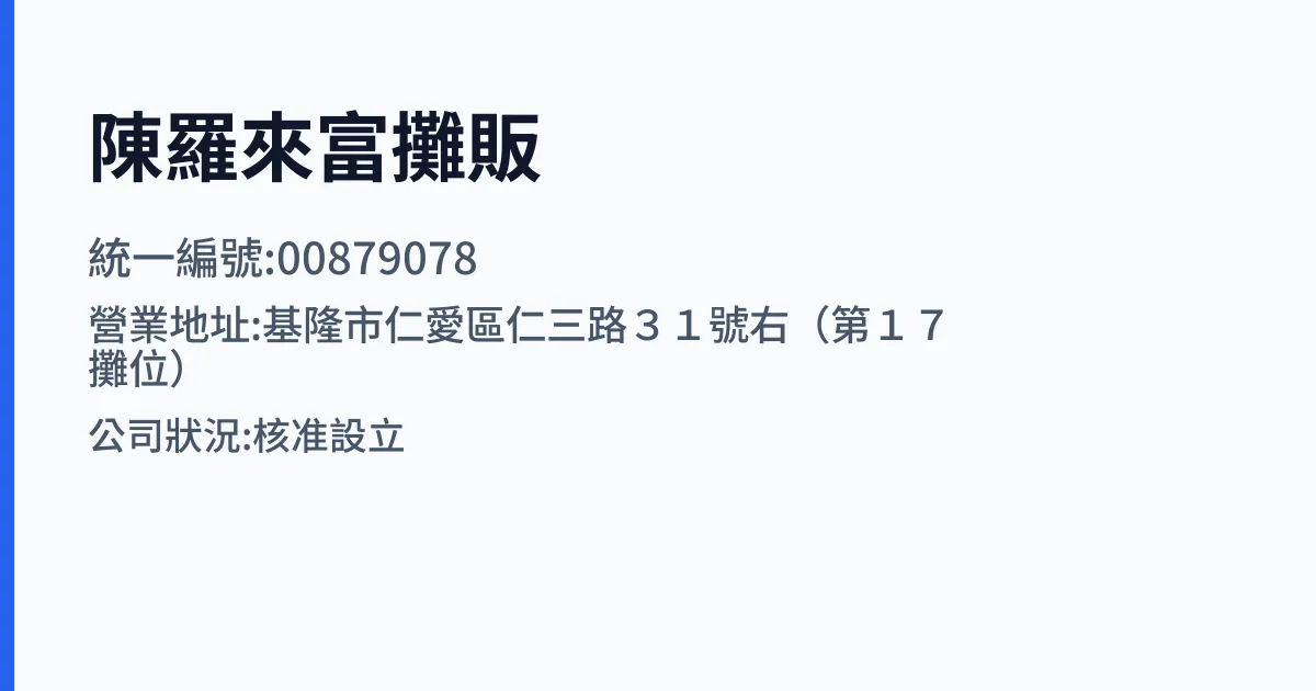 陳羅來富攤販 - 統編 00879078(基隆市) 公司登記資料與營業項目詳細圖表