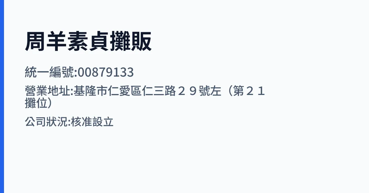 周羊素貞攤販 - 統編 00879133(基隆市) 公司登記資料與營業項目詳細圖表