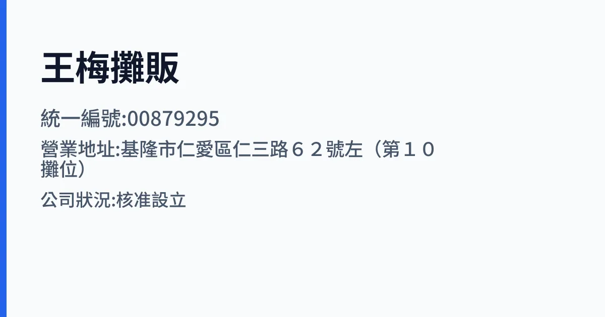 王梅攤販 - 統編 00879295(基隆市) 公司登記資料與營業項目詳細圖表
