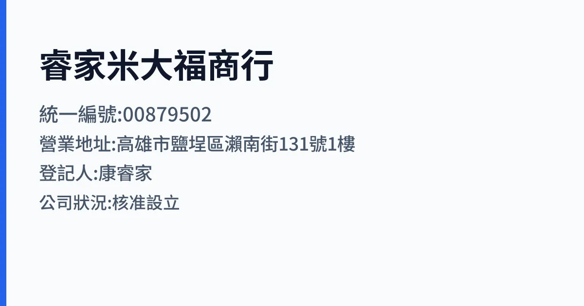 睿家米大福商行 - 統編 00879502（高雄市） 公司登記資料與營業項目詳細圖表
