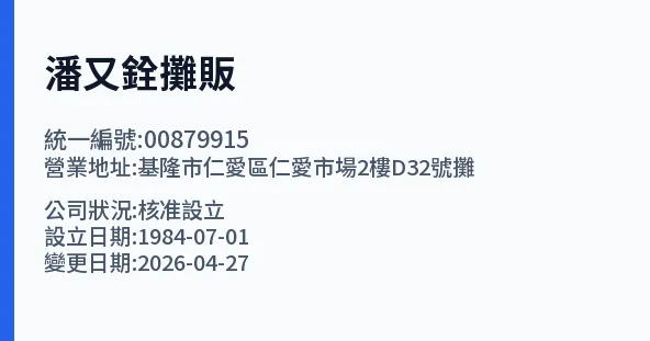 潘又銓攤販的照片-統編 00879915(基隆市) 公司登記資料與營業項目詳細圖表