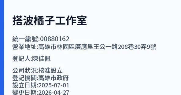 搭波橘子工作室的照片-統編 00880162(高雄市) 公司登記資料與營業項目詳細圖表