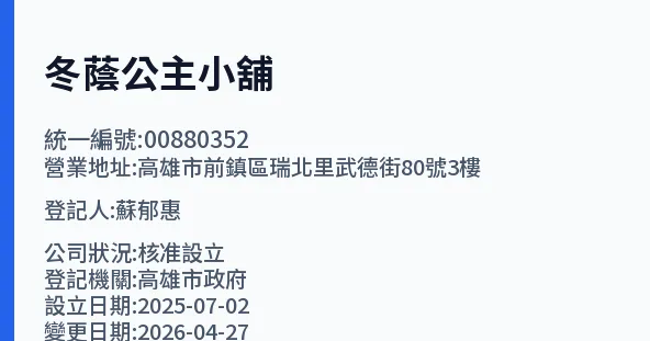 冬蔭公主小舖的照片-統編 00880352(高雄市) 公司登記資料與營業項目詳細圖表