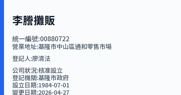 李謄攤販的照片-統編 00880722(基隆市) 公司登記資料與營業項目詳細圖表
