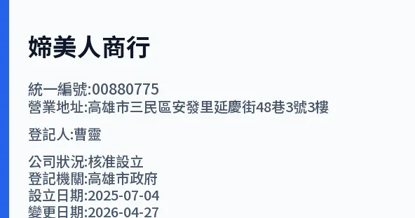 媂美人商行的照片-統編 00880775(高雄市) 公司登記資料與營業項目詳細圖表